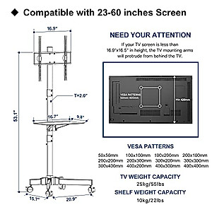 Mobile TV Cart for 23-60 Inch LED LCD Flat Curved Panel Screens TVs, Rolling TV Stand with Wheels Holds Up to 55lbs, Height Adjustable Portable Floor Stand with Media Shelf Tray, Max VESA 400x400mm
