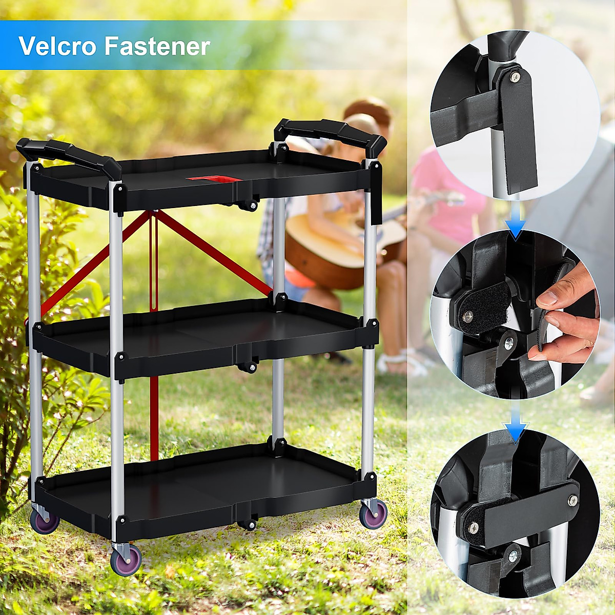 LoJok 3-Tier Collapsible Cart with Wheels, Multifunction Folding Utility Cart, 240LBS Load Capacity, for Garage, Office, Storehouse, Kitchen