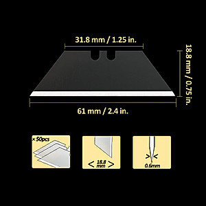 Utility Knife Blades 50-Pack, SK2H Black Carbon Steel, Standard T-Shape Replacement Blades for Most Cutter Knives-61 x 19 mm