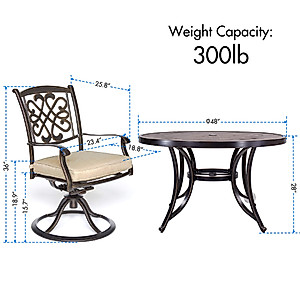 DALI Outdoor 5 Piece Dining Set Patio Furniture, Deep Cushioned Aluminum Swivel Rocker Chair Set with 48 inch Round Crafttech Top Aluminum Table