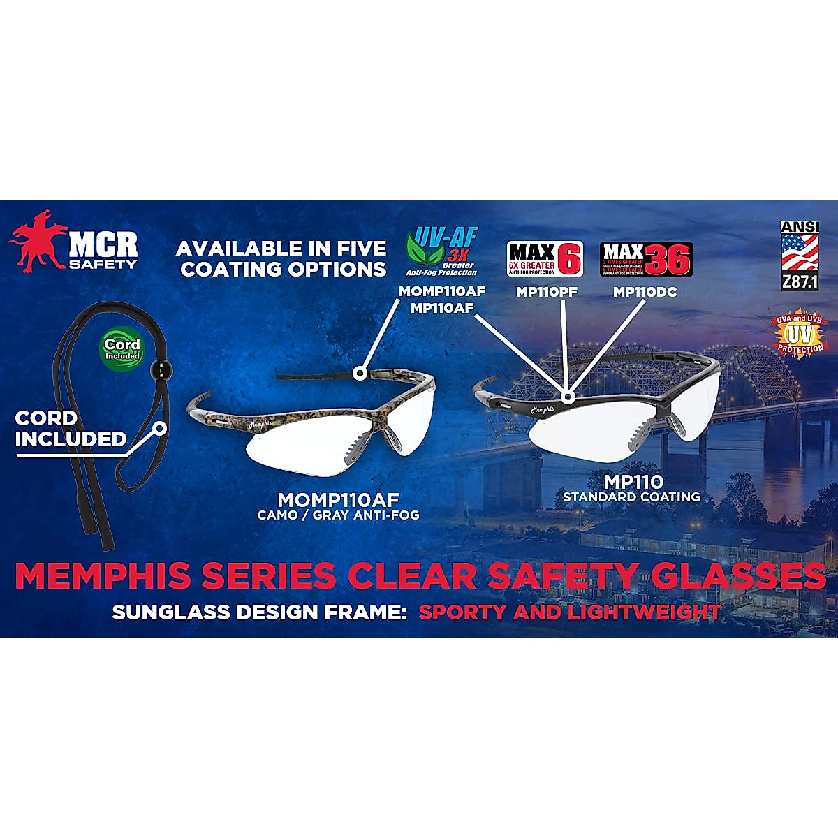 MCR Safety Memphis Series MOMP110AF Safety Glasses, Eye Protection, Mossy Oak Frame, Clear UV-AF Anti-Fog Lens