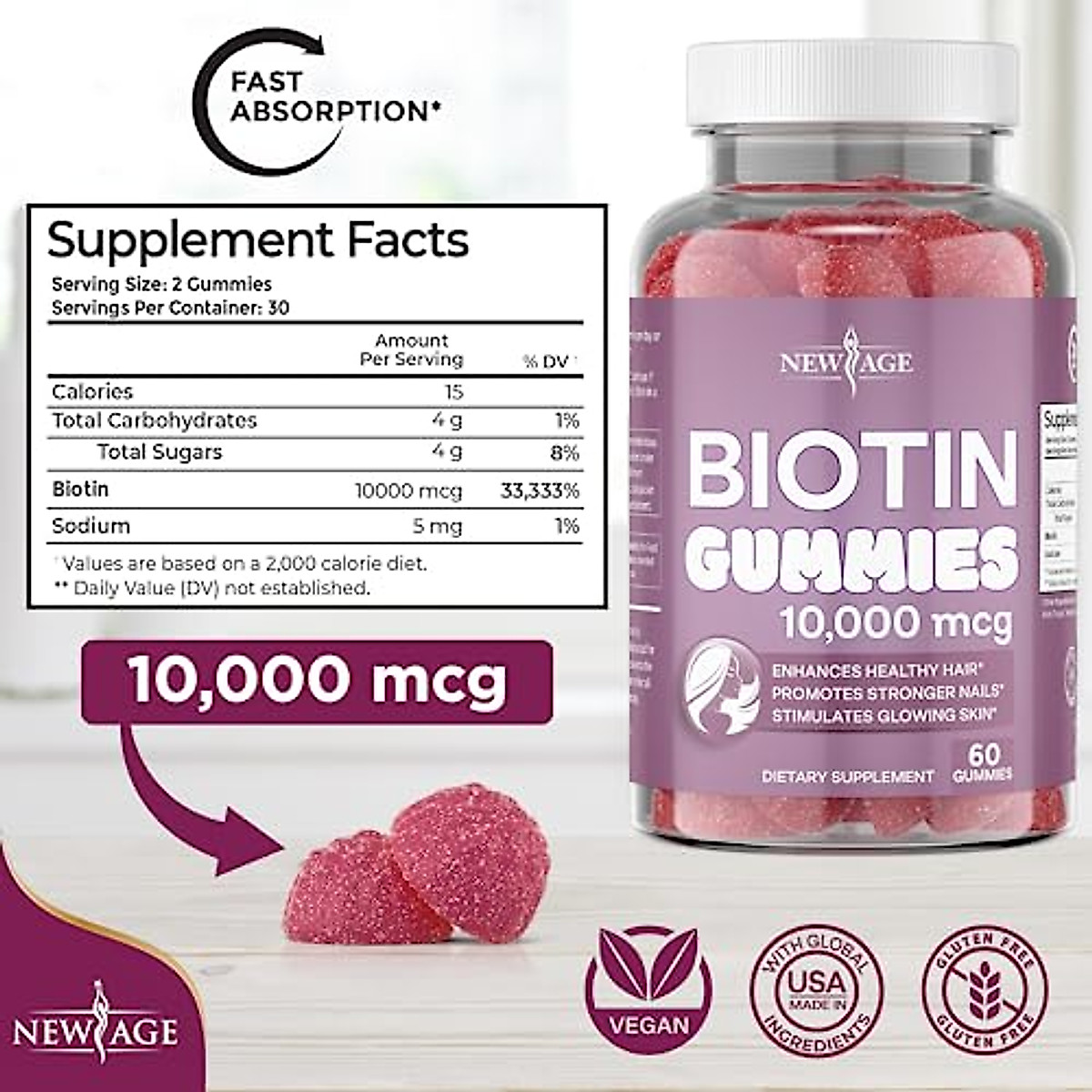 NEW AGE Biotin Gummies – Hair, Skin & Nails Gummies – 10,000 mcg - Non-GMO Supplement for Women, Men - Made in USA -120 Count