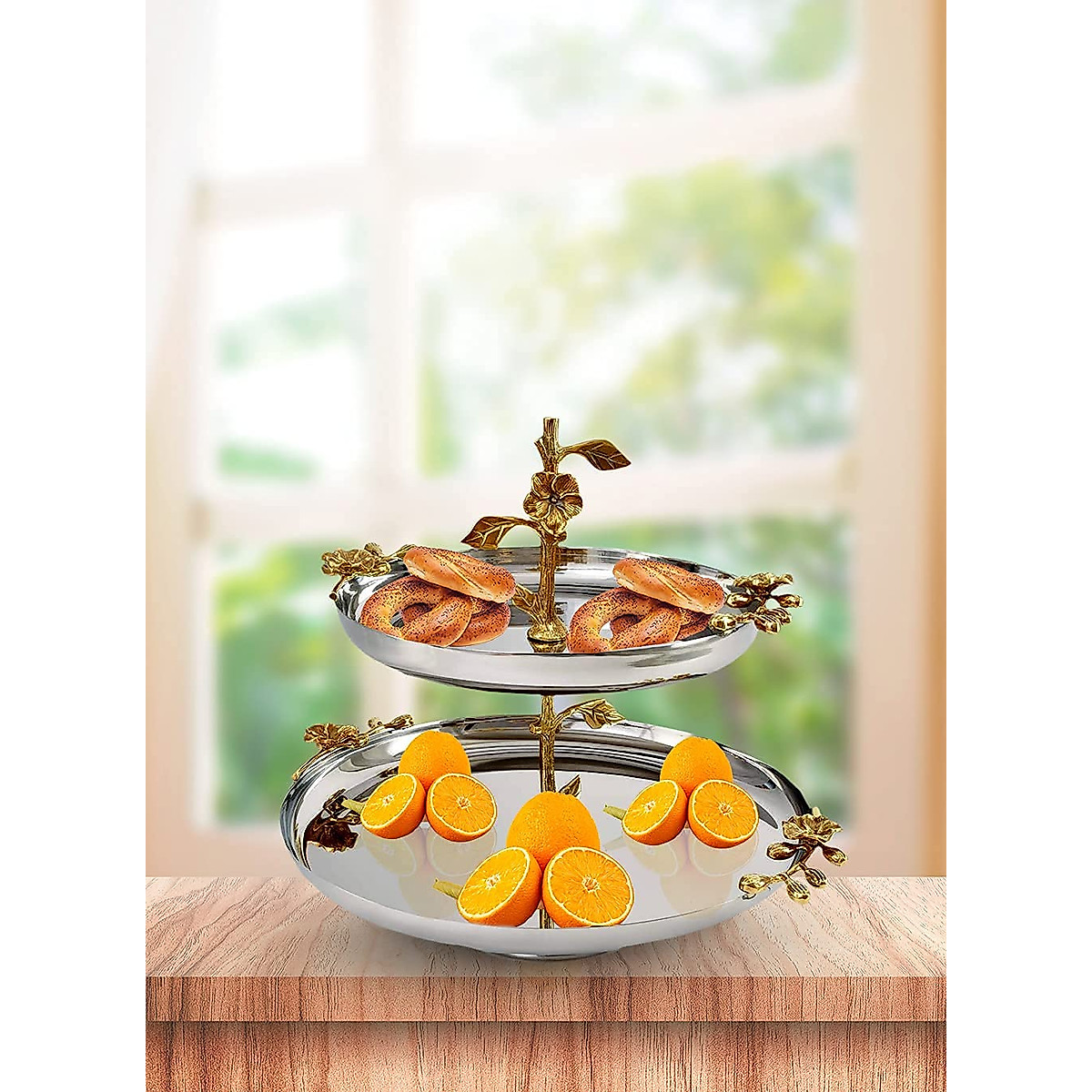 Serene Spaces Living Orchid Stem Two Tiered Serving Stand, Stainless Steel Display Tray for Fruits, Cookies, Macarons, Cakes, Pastry, Appetizer, 12" Tall, Tiers- 10" & 12.5" Diameter
