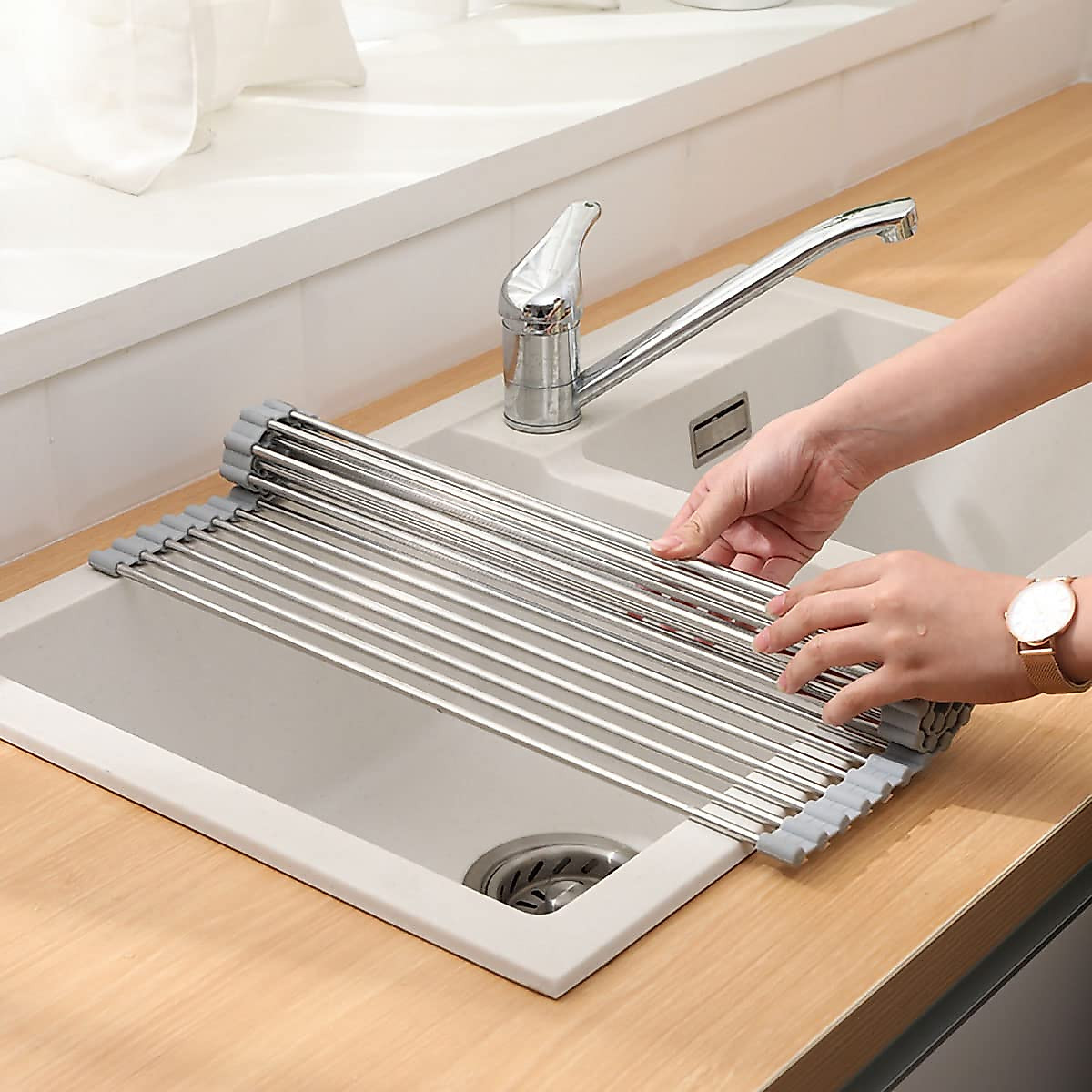 AMZALIBA Roll up Over The Sink Dish Drying Rack Roll-up Drying Rack Kitchen Rolling Dish Drainer Foldable Sink Drying Rack Mat Dish Drying Rack for Kitchen Sink Counter (17.7 inches X11.2 inches )