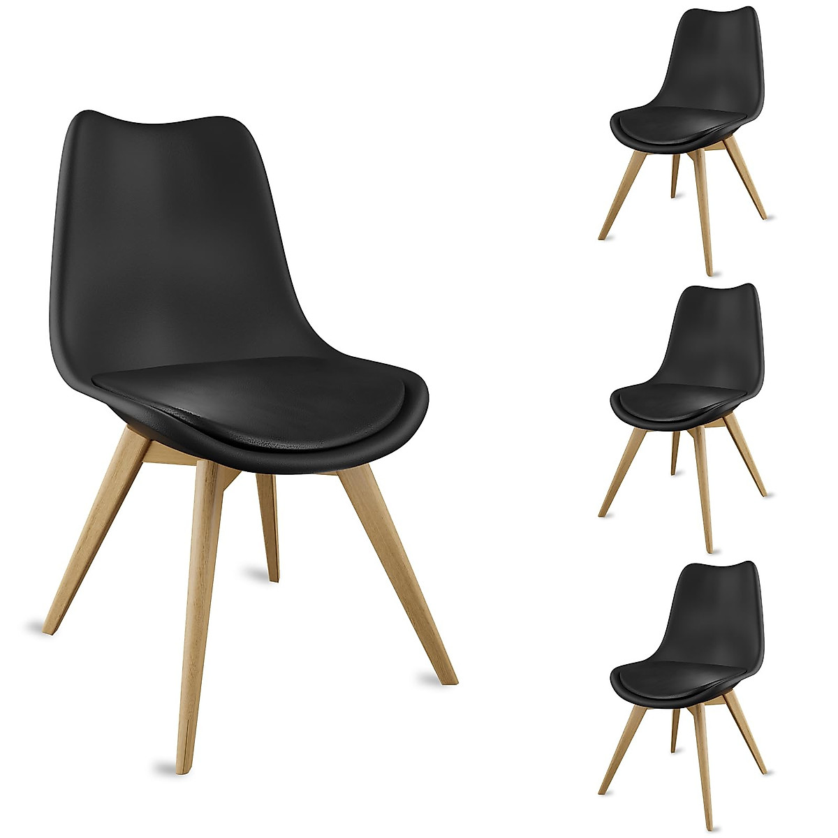 KR EVERKIND Modern Dining Room Chair Set of 4, Mid Century Modern Shell Chair with Beech Wood Legs and Soft Padded, DSW Upholstered Side Chair for Kitchen, Dining, Bedroom, Living Room, Black