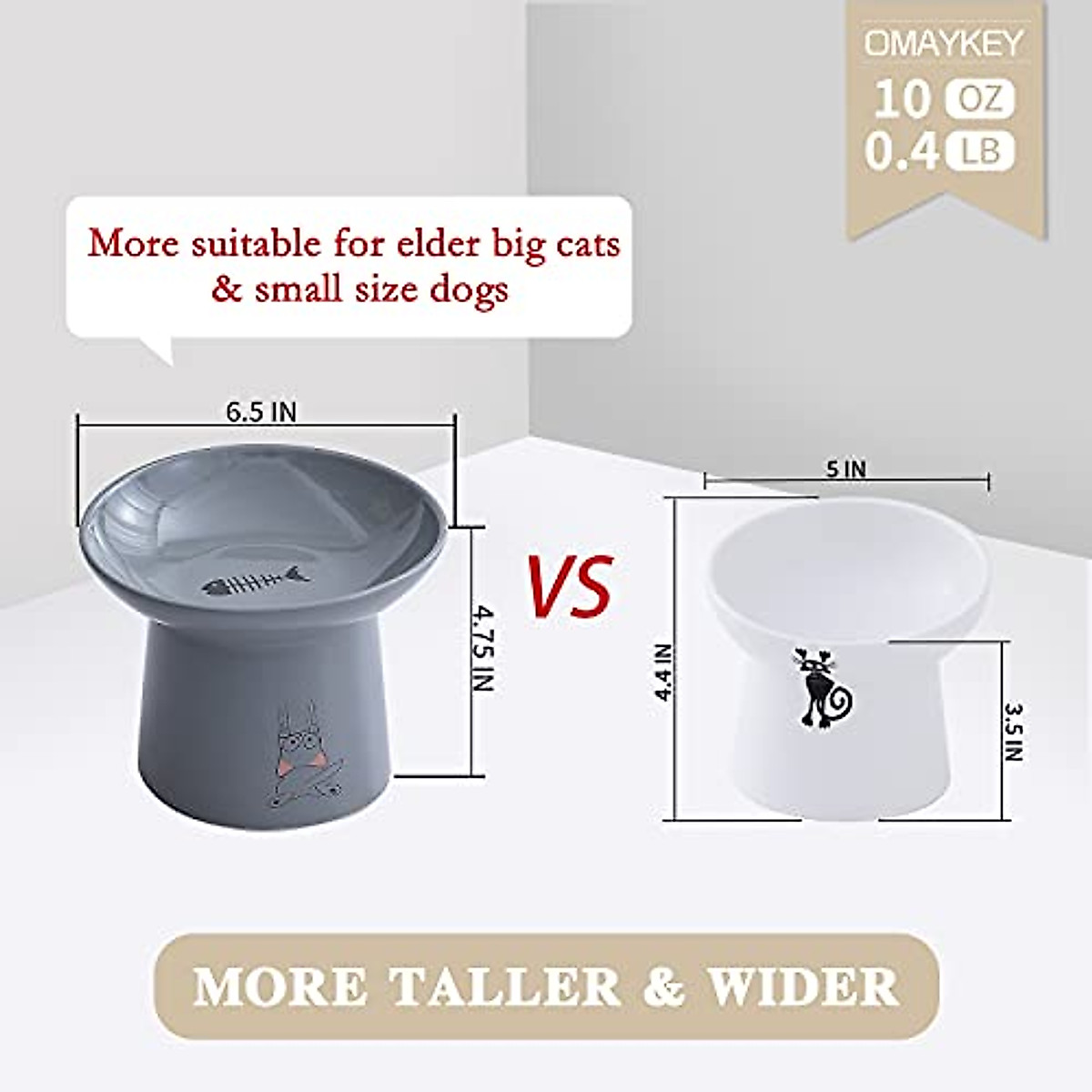 6.5 Inch Extra Wide Ceramic Raised Cat Bowls, Upgraded Elevated Porcelain Cat Food Water Bowl Dish, Stress Free Pet Feeder Bowls Dishes for Elder Big Cats & Small Dogs, White & Grey