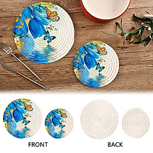 Kigai Blue Tulips with Mimosa and Butterfly Round Pot Holders Trivets Set 2 Pcs, 100% Cotton Thread Weave Trivets for Hot Dishes,Pot,Bowl,Teapot,Plates
