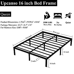 Upcanso 16 Inch Queen Bed Frame No Box Spring Required, Metal Platform Queen Size Bed Frames with 14 Inch Storage, 3,500 lbs Heavy Duty Steel Slats Support, Easy Assembly Mattress Foundation