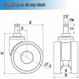 Office Chair Wheels Replacement 3 inch Rubber Caster Wheels for Hardwood Floor Replace Office Chair Mats,Desk Chair Casters for Gaming Chairs Heavy Duty Chair Wheels, Set of 5
