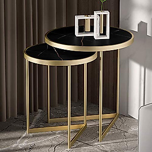 Modern Round Nesting Coffee Table Set with 2 Side Tables, Metal Frame Slate Table Top Sofa Corner Table, Simple Decoration Table for Living Room Bedroom and Balcony