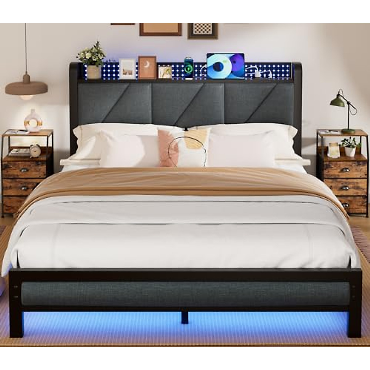 Furnulem Queen Size Bed Frame with LED Lights,Upholstered Storage Headboard with Charging Station and USB Port, Platform Bedframe Queen No Box Spring Needed, Noise Free