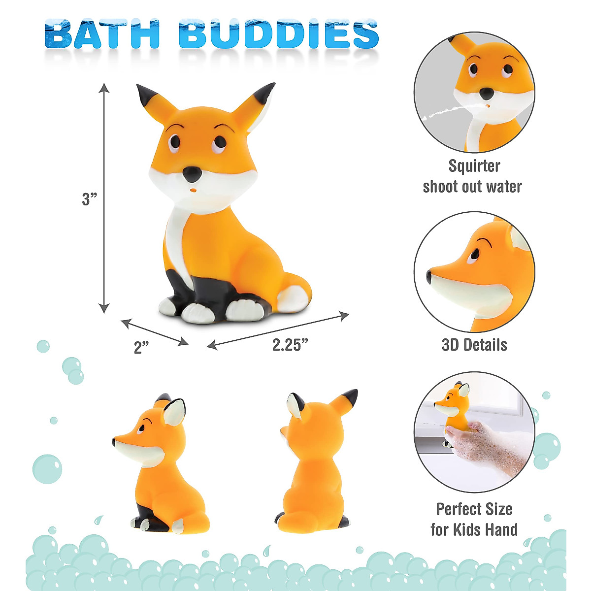 DolliBu Fox Bath Buddy Squirter - Floating Orange Fox Rubber Bath Toy, Fun Water Squirting Bathtime Play For Toddlers, Cute and Soft Wild Life Animal Toy For The Bathtub, Beach & Pool for Girls & Boys