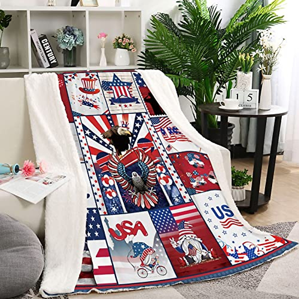 4th of July Decorations, Patriotic Gnome Blanket, Independence Day, 4th of July Citizenship Veteran Labor Day Gifts, Super Soft Warm Sherpa Throw Blanket for Couch Bed Sofa 50 x 60