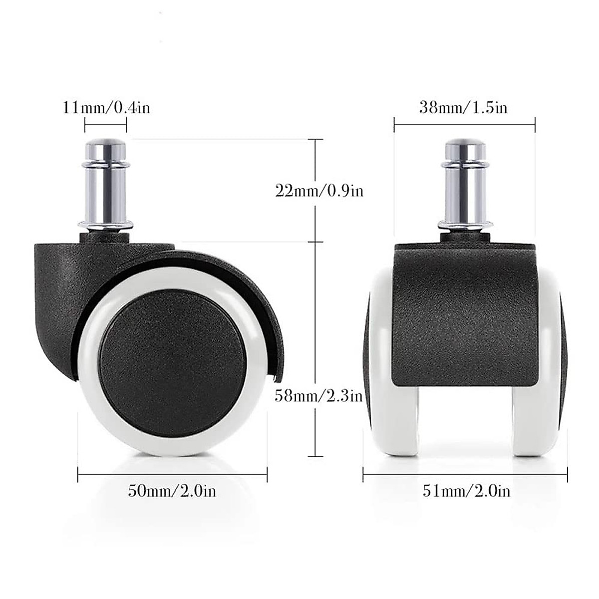 TBACW 2" Universal Office Chair Wheels Heavy Duty Replacement, No Noise Rubber Chair Casters Wheels, Standard Size 11mm Set of 5