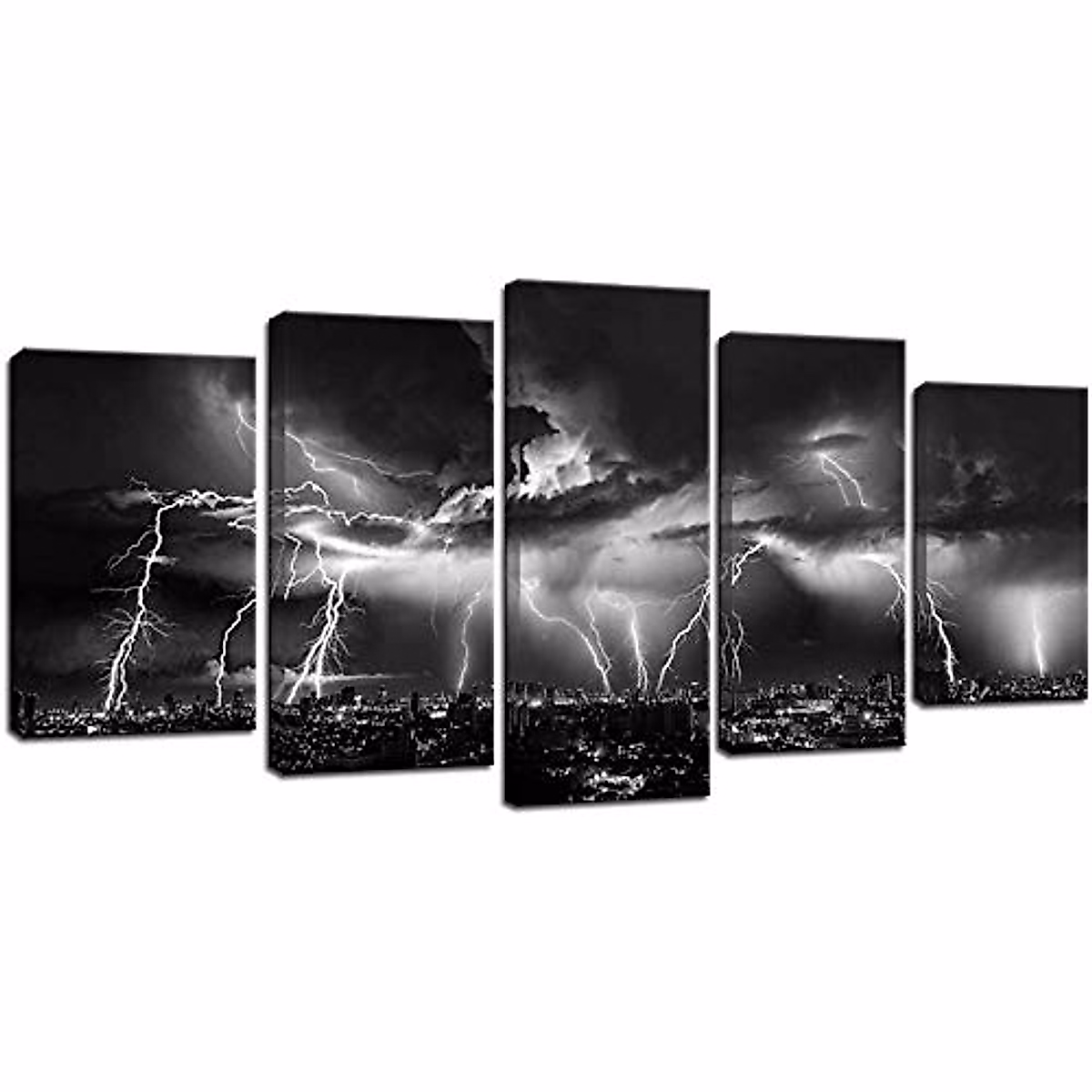 Biuteawal - Black and White Wall Art Nature Lightning Strikes in The Clouds Painting on Canvas Storm and City Night View Picture Print for Home Office Living Room Decoration Wall Decor