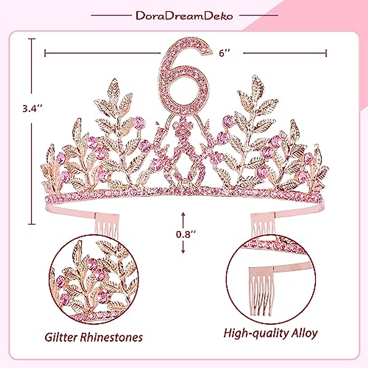 6th Birthday Sash and Tiara for Girls - Fabulous Glitter Sash + Leafs Rhinestone Pink Premium Metal Tiara for Girls, 6th Birthday Gifts for Princess Party