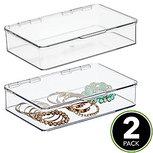mDesign Plastic Closet Storage Organizer Box Containers with Hinged Lid for Shelves or Cabinets, Holds Necklaces, Hair Ties, Bracelets, Earrings, Wallets, Cosmetics, and Accessories - 2 Pack - Clear