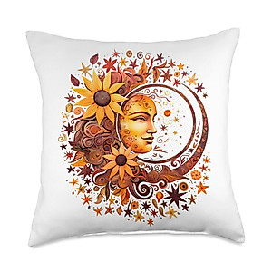 Sun Stars Moon Co 9498 Sun Moon Stars Celestial Sunflower Face Flower Bouquet Throw Pillow, 18x18, Multicolor
