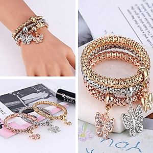 Corn Chain Bracelet, Crystal Multilayer Charms Stretch Bracelet, Butterfly Bracelet, 3PCS Gold/Silver/Rose Gold Corn Chain Bracelet for Women