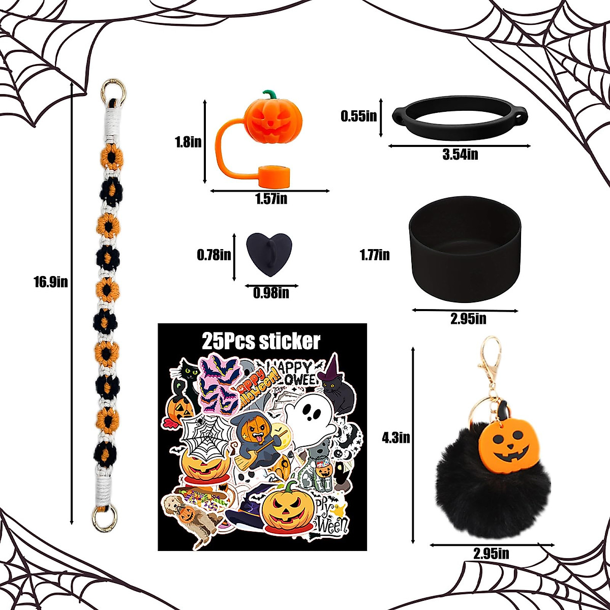 Halloween Stanley Cup Accessories Set,Personalized Charm Including Straw Cover,Handle rope,Halloween stickers,cup ring,plush pendant,Silicone Boot,Heart Buttons(Pumpkin)