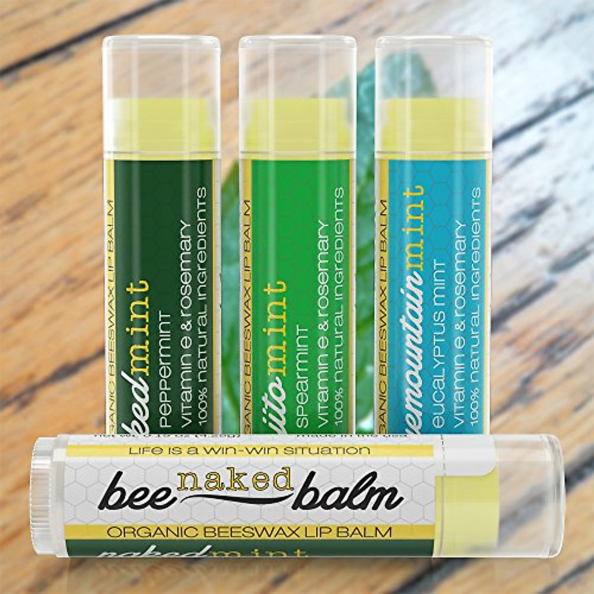 BeeNakedBalm Organic Lip Balm - Mint Lover's Variety 4 Pack - 100% Natural, 100% USA-Made, Gluten Free, Buttery Smooth Recipe - Peppermint, Spearmint & Eucalyptus Mint Flavors plus a FREE Cotton Pouch