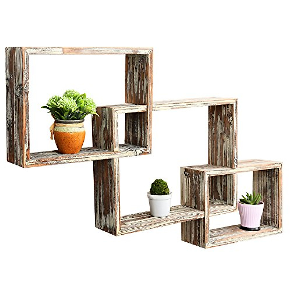 MyGift Wall Mounted Torched Wood Interlocking Floating Shelves, Shadow Box Display Wall Shelf, Set of 3