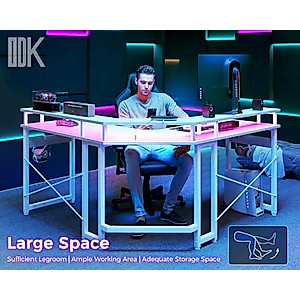 ODK L Shaped Gaming Desk with LED Lights & Power Outlets, 51" Computer Desk with Full Monitor Stand, Corner Desk with Cup Holder, Gaming Table with Hooks, White Carbon Fiber