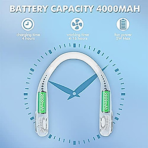 Portable Neck Fan,Hands Free Bladeless Fan, 4000 mAh Battery Operated Wearable Personal Fan,Super Quiet, Rechargeable,USB Powered Personal Cooling Fan, 3 Speeds Adjustment,for Outdoor & Indoor Use