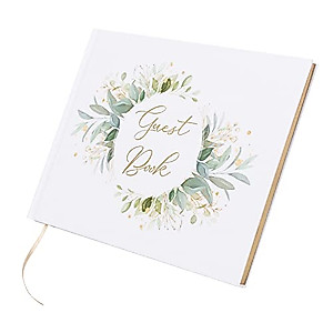 Avamie Wedding Guest Book, 120 Lined Pages Guest Sign-in Book Guest Registry Guestbook Planner, White Cover With Gold Foil and Greenery Design, Gold Gilded Edges and Gold Ribbon, 7x9 inches, Hardbound
