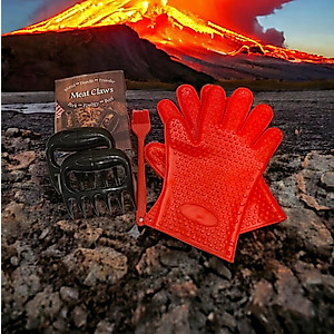 FGS Red Silicon BBQ Gloves/Mitts with Extreme Heat Resistance + Meat Shredder Claws + Silicone Basting Brush