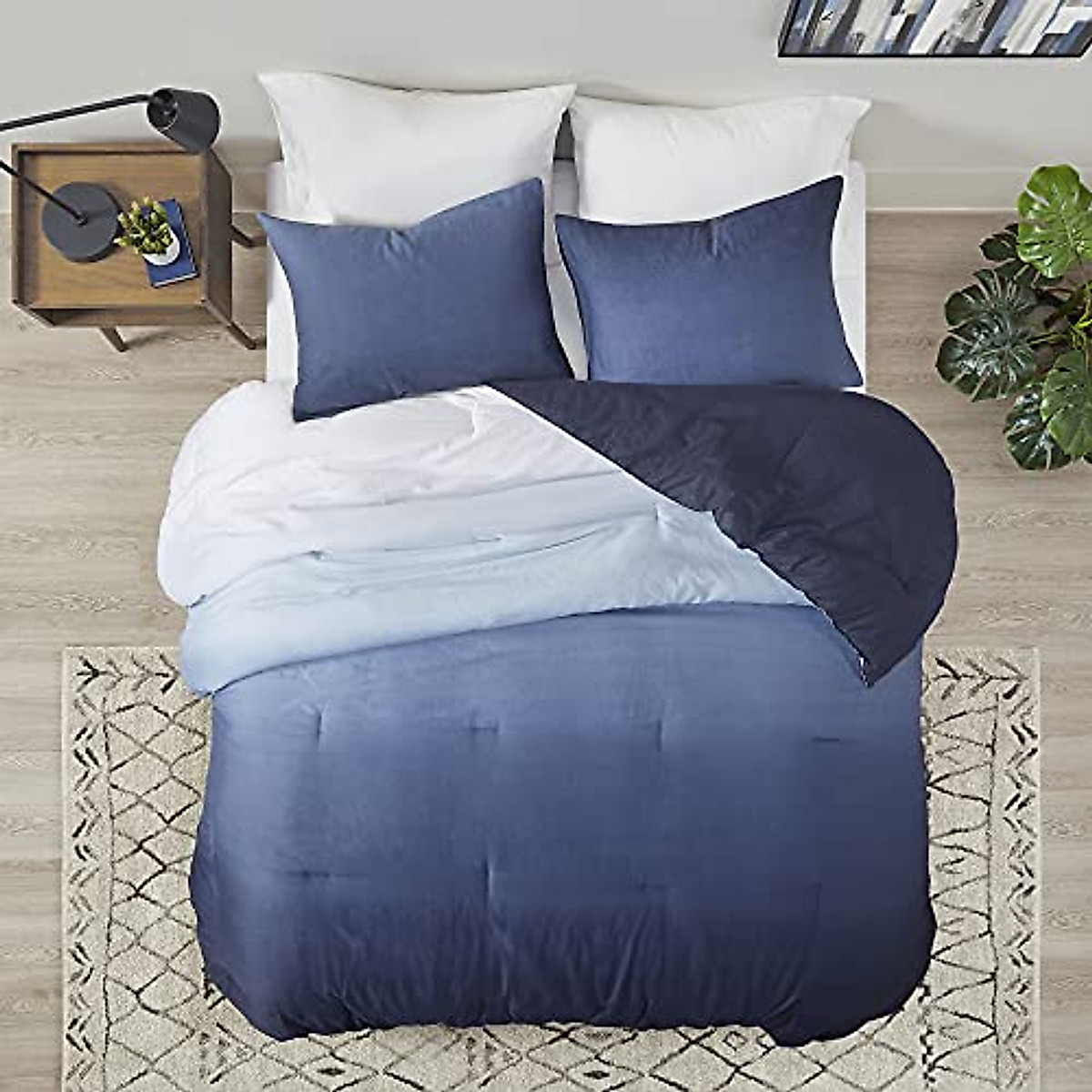 Madison Park 100% Sateen Cotton Comforter Set, Breathable, Soft Cover, Trendy, All Season Down Alternative Cozy Bedding with Matching Shams, Full/Queen (90 in x 90 in), Indigo Blue 3 Piece