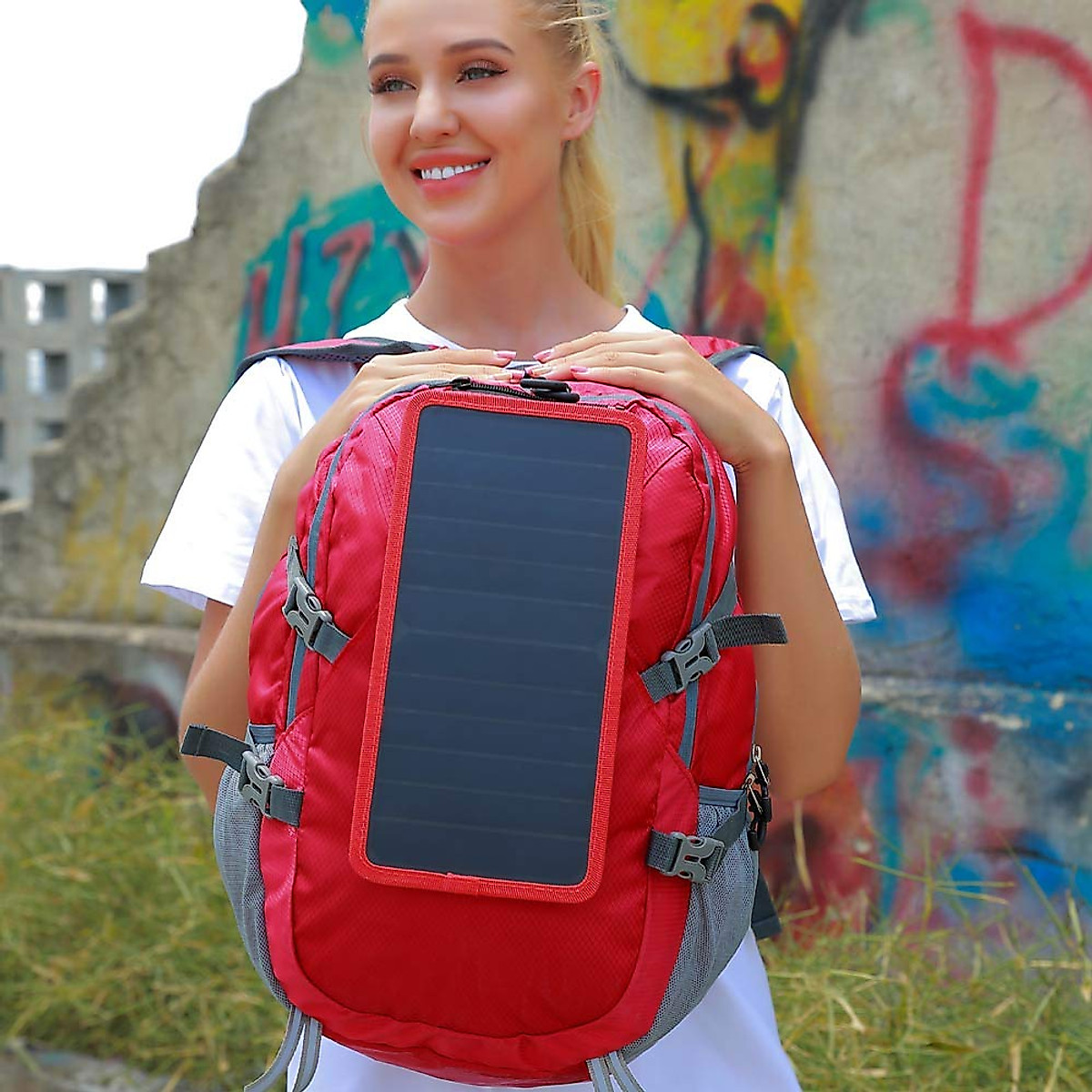 ECEEN Hiking Backpack Travel Daypack Packable with 7Watts Solar Panel Charger for Phone Power Bank Outdoor Emergency