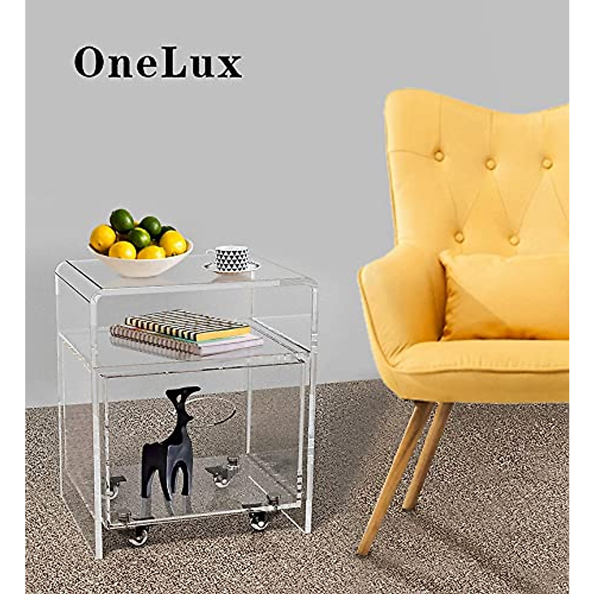 ONELUX 2088 Clear Acrylic nightstand with an Extra Storage Basket on Wheels,Clear Decorative End Table/Home Decor Display Tables,Bathroom Side Tables