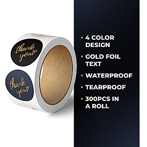 Mobiusea Party Thank You Stickers Roll | Simple and Sincere | 2 inch | Waterproof | 300 Labels for Small Business, Packaging, Mailer Seal Stickers | 4 Classic Colors with Gold Foil Design