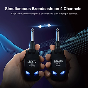 LEKATO Wireless Guitar System 2.4Ghz Audio Wireless Transmitter Receiver with 4 Channels for Electric Guitar and Bass Rechargeable Guitar Wireless Transmitter and Receiver for Electric Instruments