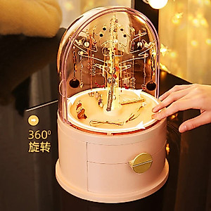 EKAYG Multilayer Jewelry Storage Box Girls Pink Led Lamp Desktop Jewelry Large Capacity 360 Degree Storage Box