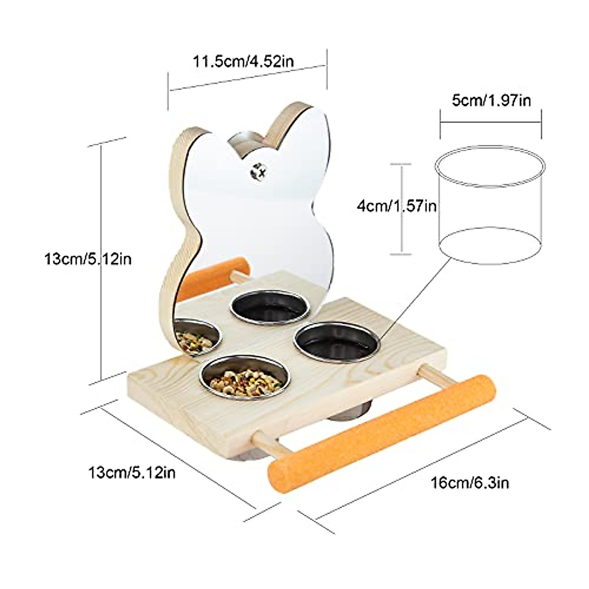 PANQIAGU Parrot Mirror Toy with Stainless Steel Feeding Cups Bird Wooden Frames with Cage Perch for Small Parakeets, Cockatiels, Conures, Finches,Budgie,Macaws, Parrots, Love Birds