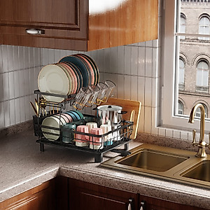 GSlife Dish Drying Rack with Drainboard - Large 2 Tier Dish Rack with 12 Plate Slot, Dish Racks for Kitchen Counter with Utensil Holder Cup Holders Cutting Board Holder, Black