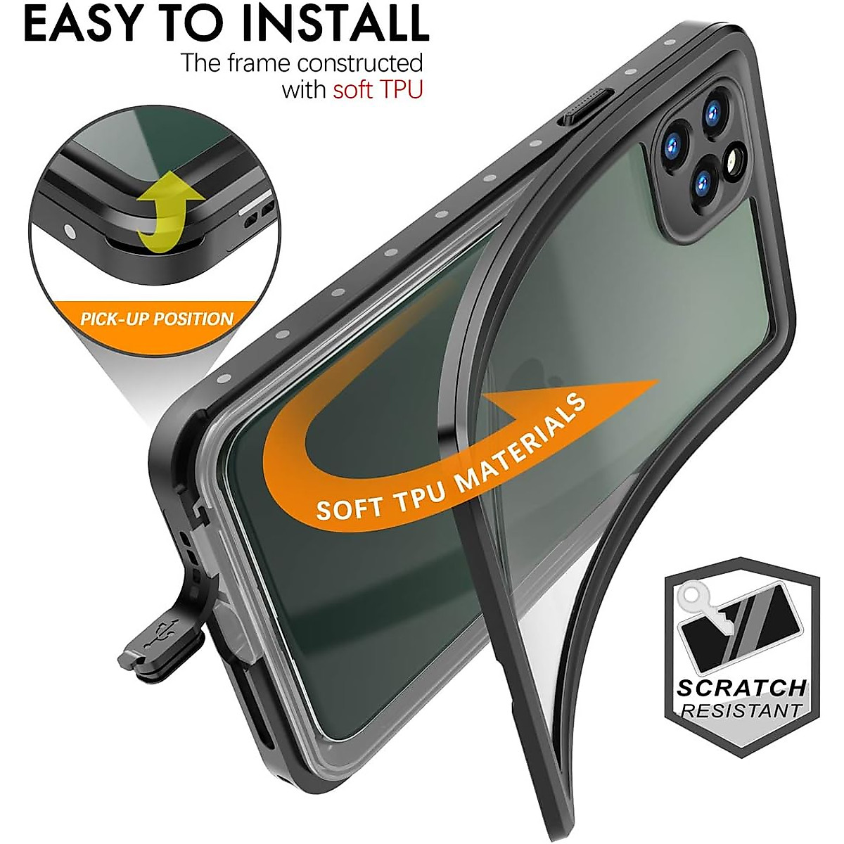 inkolelo iPhone 11 Pro Max Waterproof Case, Built-in Screen Full-Body Protector with Floating Strap IP68 Waterproof Case for iPhone 11 Pro Max 6.5 inch Case (2019) - Matte Black/Orange