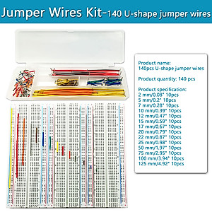 Minidodoca Breadboard Jumper Wires Kit 4pcs 400&830 Point Solderless Breadboards with Power Supply Module,140pcs 0.08"- 4.92" U-Shape,65pcs 4.7"-9.4",120pcs Length 8" M/M F/M F/F Dupont Jumper Wire