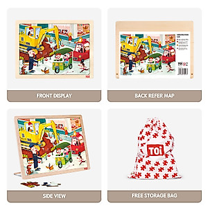 Toi 24 PCs Wooden Puzzles for Kids Toddlers Animal Jigsaw Puzzles with Wooden Bracket Age 3+ Educational Preschool Toys,Construction Car