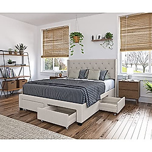 DG Casa Bardy Upholstered Panel Bed Frame with Storage Drawers and Diamond Button Tufted Nailhead Trim Wingback Headboard, King Size in Beige Fabric…