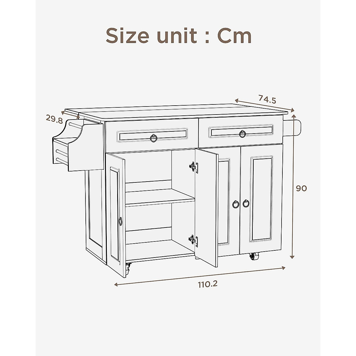 Qsun Kitchen Island with Drop Leaf Countertop, Wood Kitchen Island Cart on Lockable Wheels with Two Large Drawers and Two Large Storage Cabinet with Double Doors, Brown