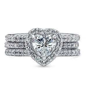 BERRICLE Sterling Silver Halo Wedding Engagement Rings Cubic Zirconia CZ Heart Insert Ring Set for Women, Rhodium Plated Size 10
