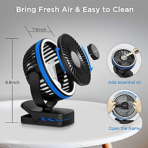 OUTXE 6700mAh Rechargeable Clip on Fan with Light, Battery Operated Clip Fan with Hanging Hook, 4 Speeds Portable Desk fan for Treadmill, Golf Cart, Bed, Car Seat, Baby Stroller - Blue