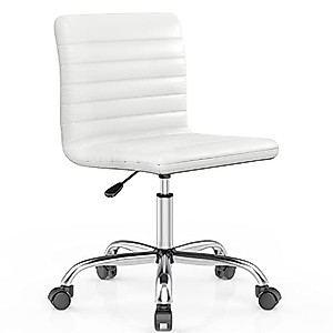 SMUG Desk Chair, Armless Office Chair Leather Swivel Task Chair Mid Back Ribbed Home Office White Desk Chair for Adult Child, Vanity Chair