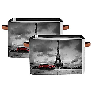 Large Collapsible Storage Bins ,Paris Eiffel Tower Car Decorative Canvas Fabric Storage Boxes Organizer with Handles，Rectangular Baskets Bin for Home Shelves Closet Nursery Gifts