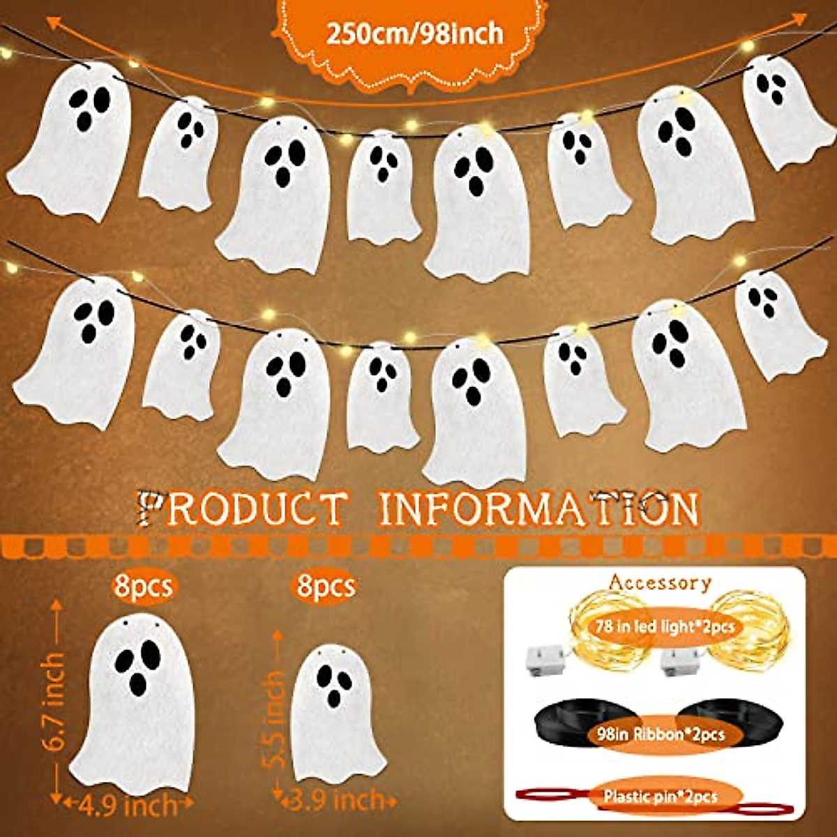 IWPTY Halloween Ghost Banner, Ghost Garland White Glittery Halloween Decorations for Party Indoor Outdoor Haunted Houses, Home House Doorways Mantel Wall Decor Supplies - 2 Packs with 2 String Lights