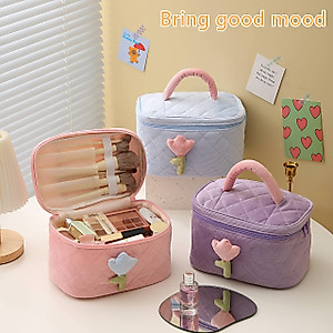 TrueLux Cute Corduroy Makeup Bag Set of 2(Cream),Quilted Travel Cosmetic Organizer Bag with Tulips, Velvet Toiletry Bag with Portable Makeup Pouch for Women Girls