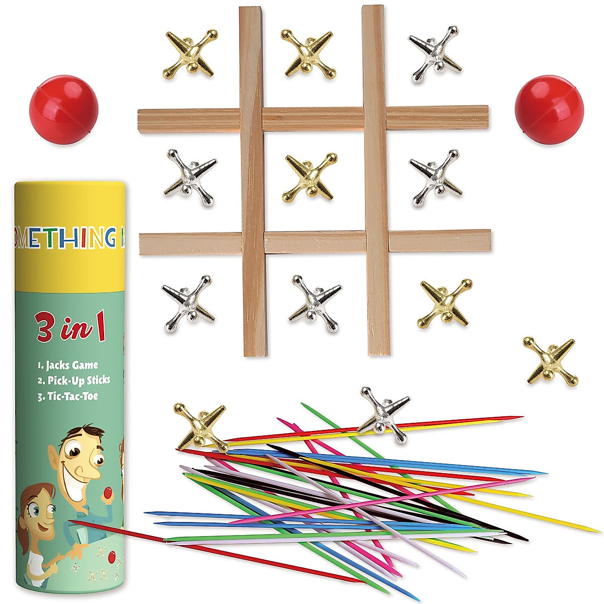 TriMagic 3-in-1 Family Games for Kids and Adults - Jacks Game with Ball, Pick Up Sticks, Wooden Tic Tac Toe Game- Classic Coffee Table Top Decor, Old Fashioned Toy Gift for Birthday Christmas Party
